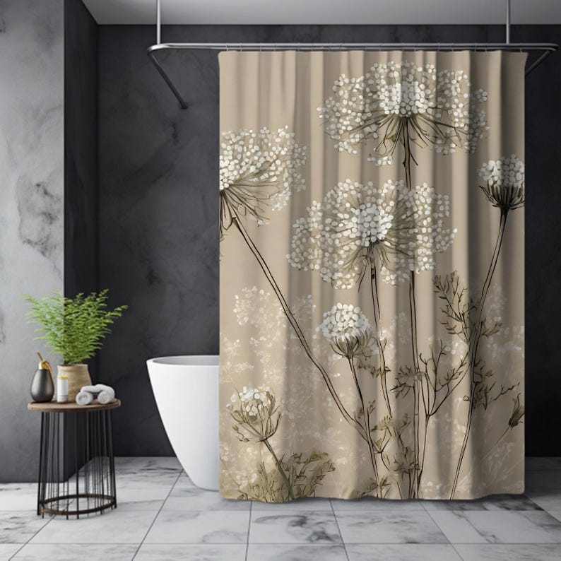Queen Anne's Lace Gray Shower Curtain Vintage-style White Wildflowers ...