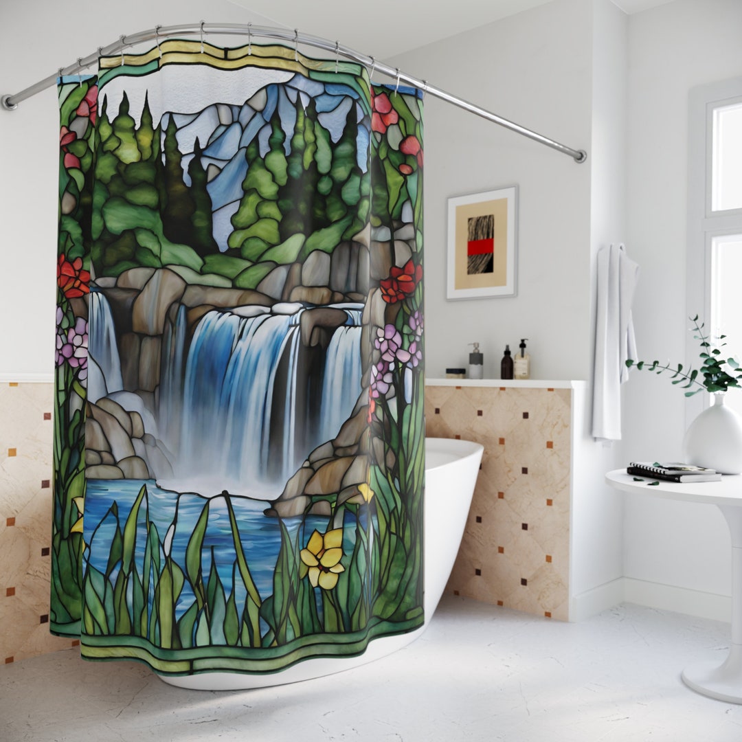 Stained Glass Waterfall and Mountains Shower Curtain Waterfall Forest ...