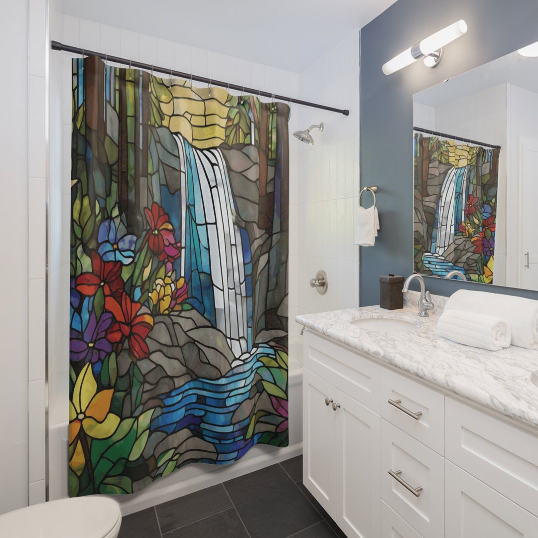 Stained Glass Waterfall With Bold Flowers Shower Curtain Floral Forest ...
