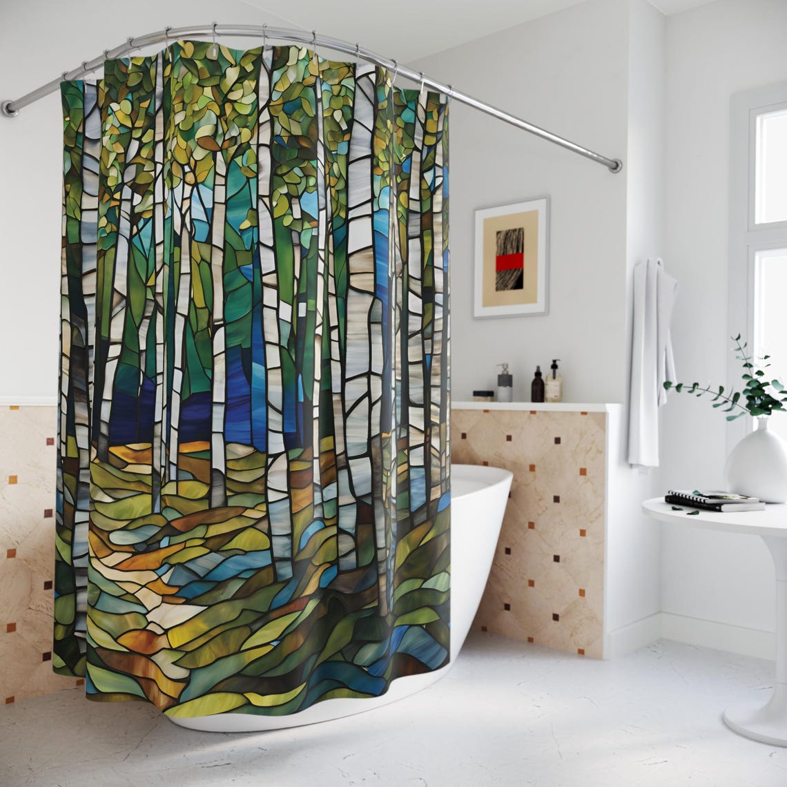 Stained Glass Birch Woods With Blue Shower Curtain Modern Art Deco ...