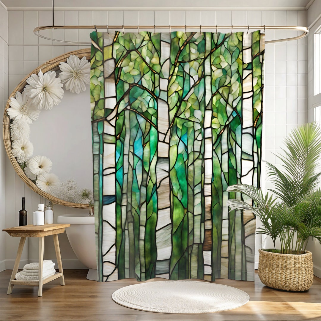 Stained Glass Birch Trees Shower Curtain Modern Art Deco Forest Scenery ...