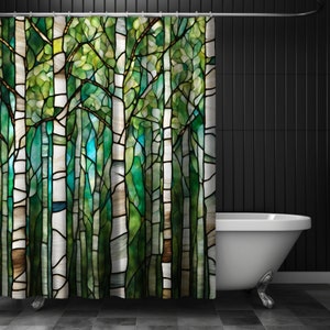 Stained Glass Birch Trees Shower Curtain Modern Art Deco Forest Scenery ...