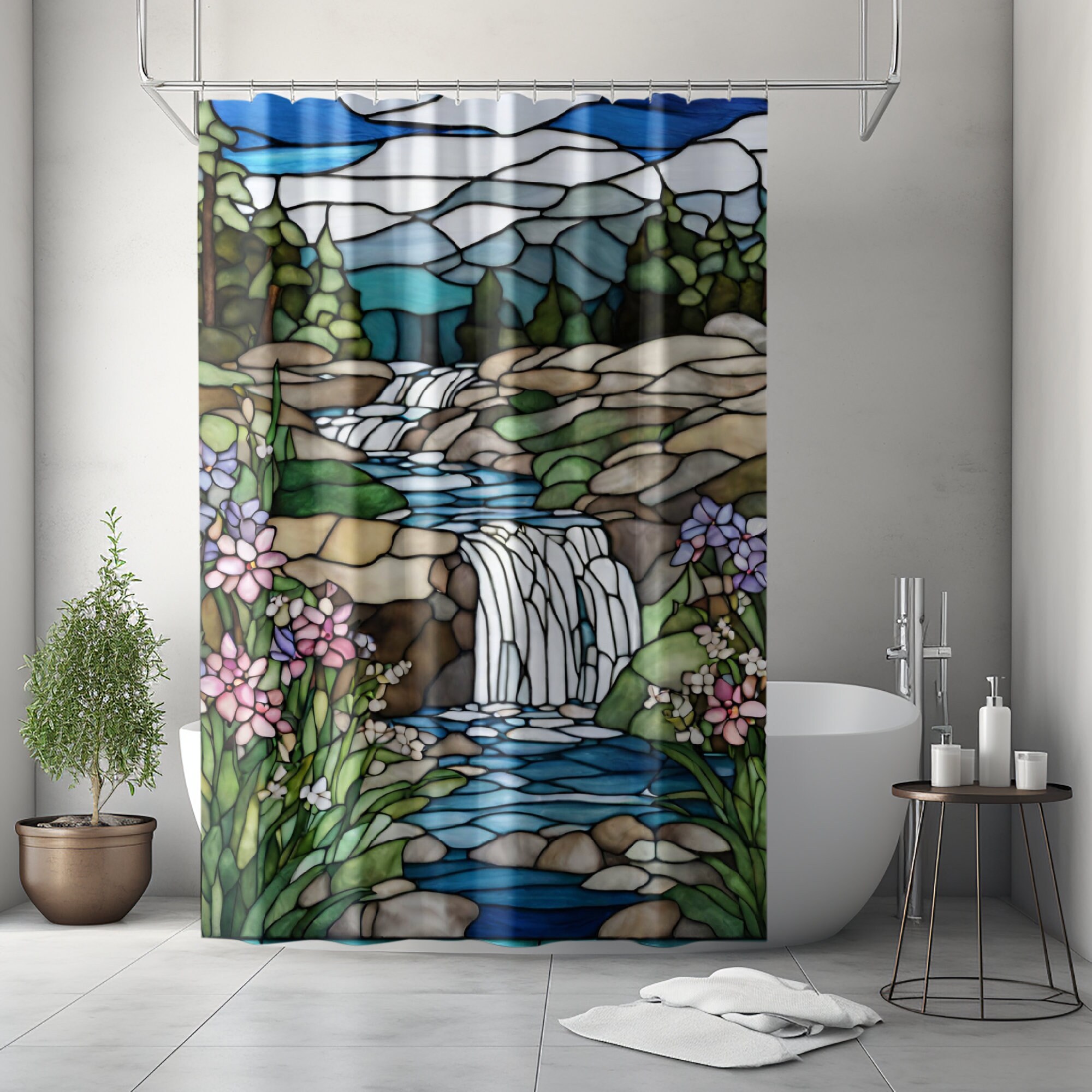Stained Glass Waterfall and Wildflowers Shower Curtain Nature Shower ...