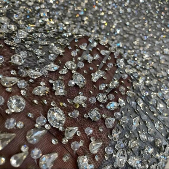 Exquisite Beaded Fabric Material Handbeaded Savoraski Stones Hard Glued Savoraski Stones Dress Making Appliques Fabric by Yards Etsy UK