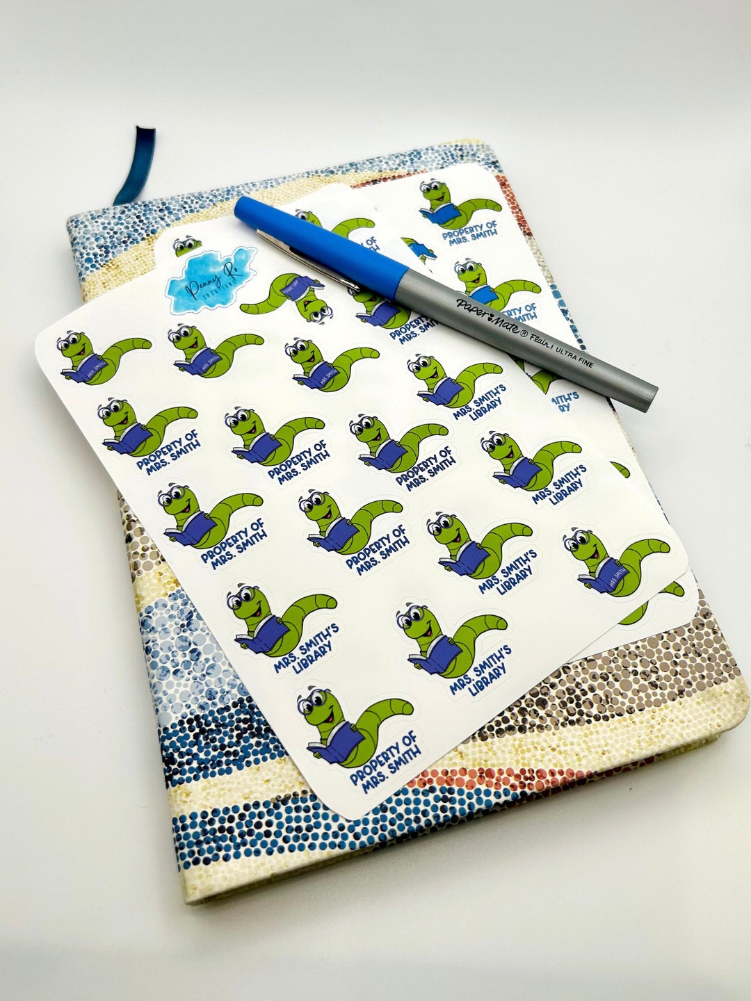 Custom Teacher Sticker Sheets - Set of 36 Bookworm Stickers, Property ...