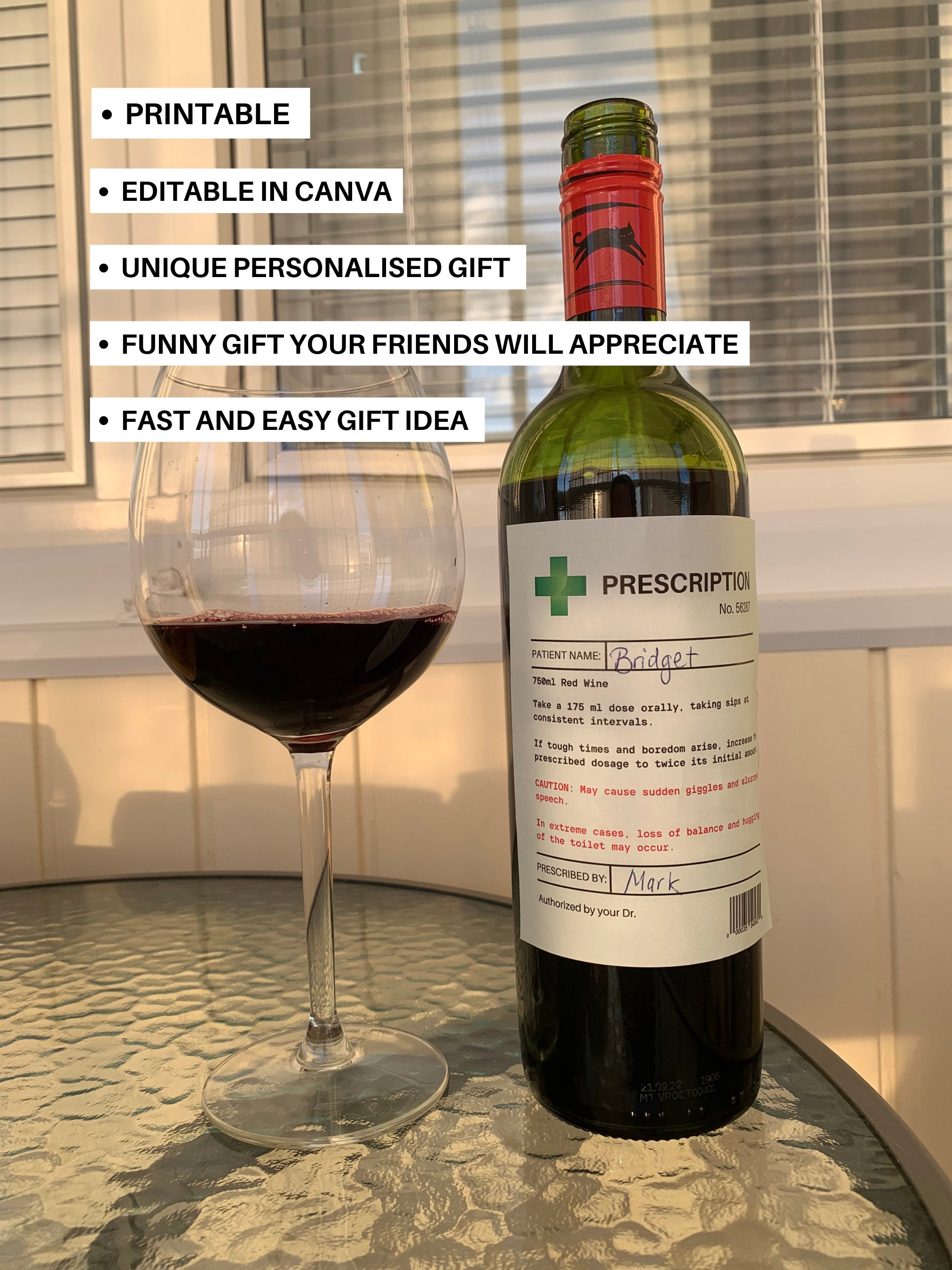 Prescription Bottle Label Red Wine Digital Download Funny Gift Editable ...