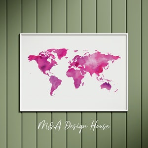 Pink World Map Wall Art, Modern Map Print, Pink Map Poster, World Map ...