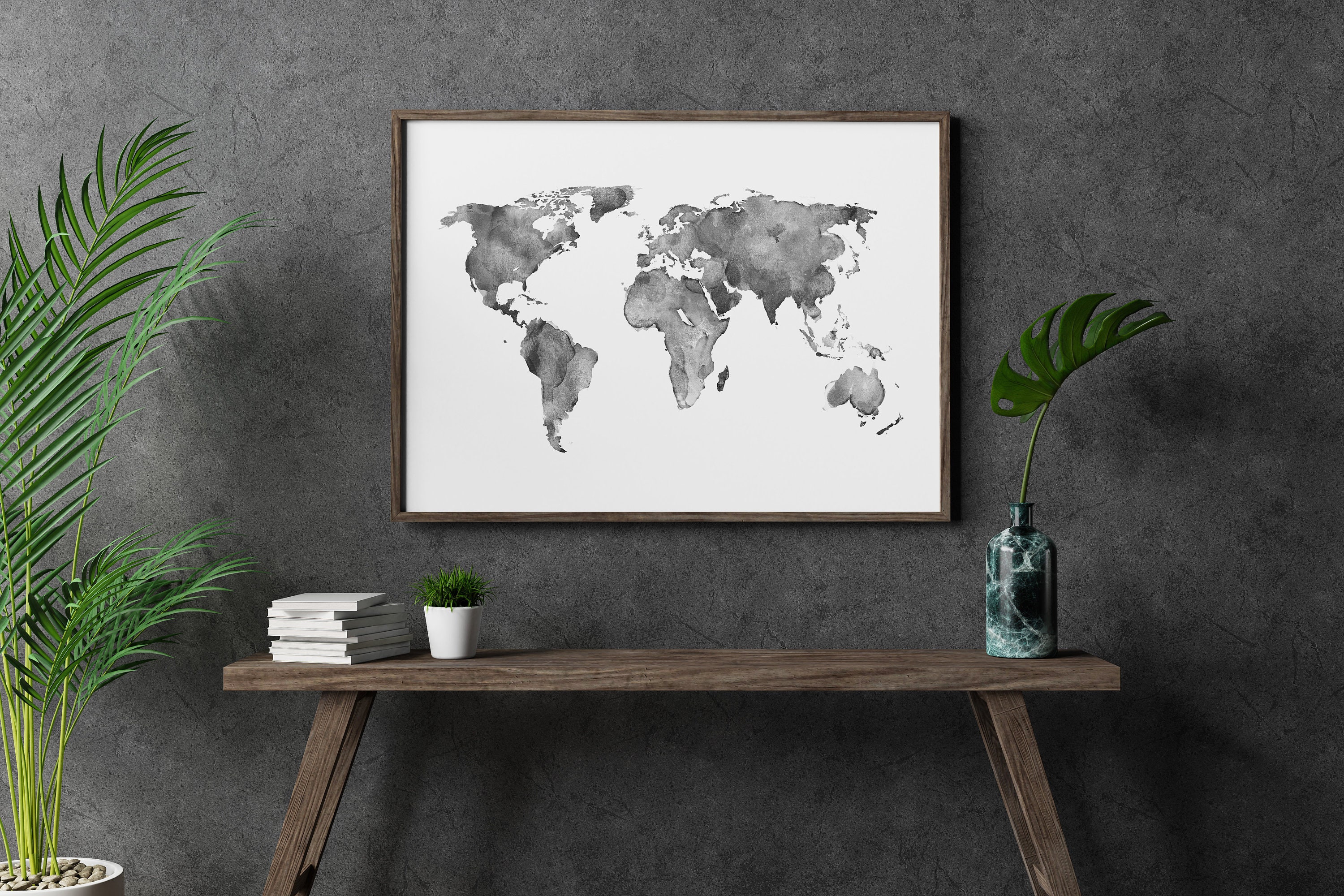 Grey and White World Map Printable, Modern Map Print, Map Poster, World ...