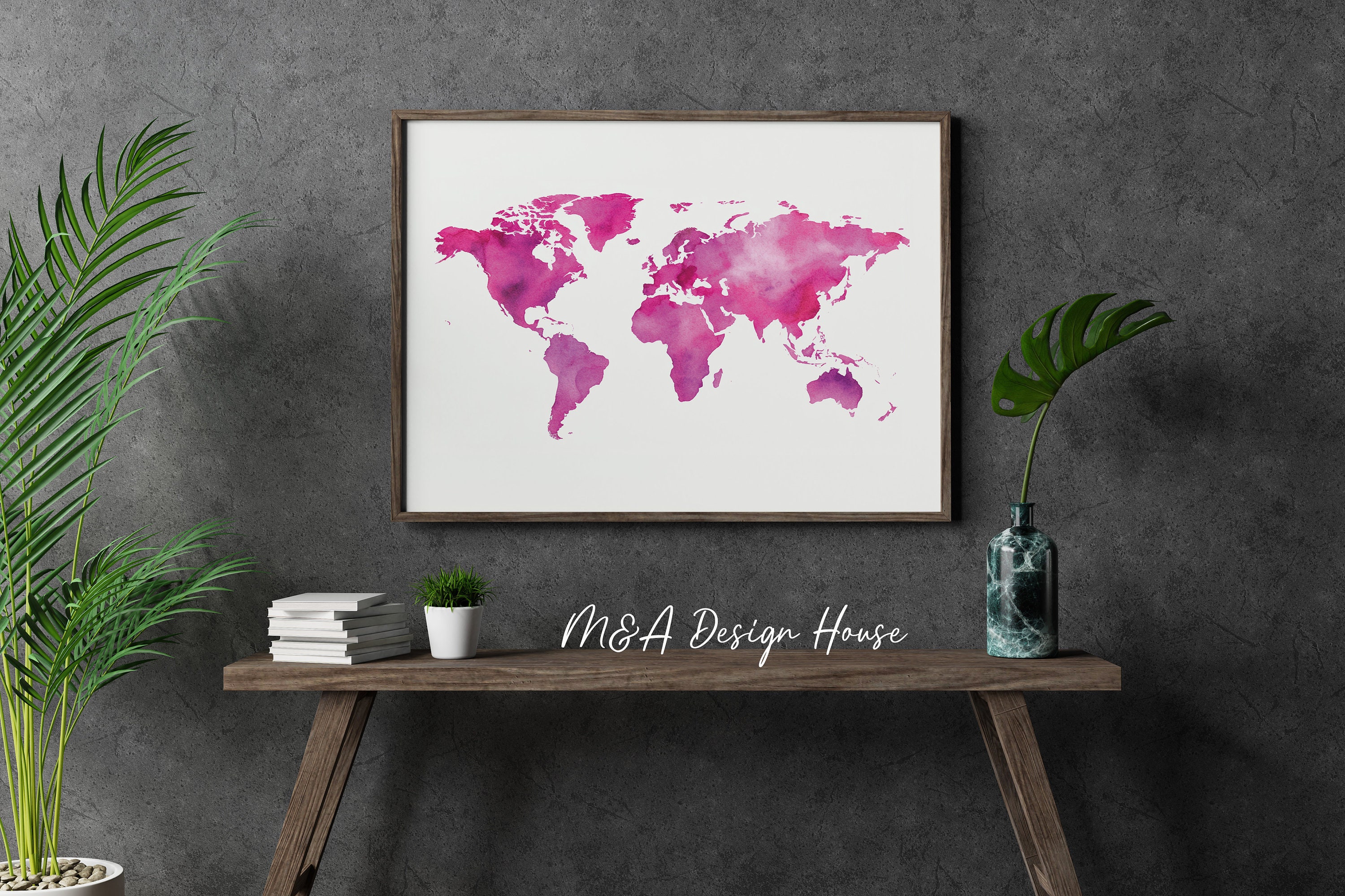 Pink World Map Wall Art, Modern Map Print, Pink Map Poster, World Map ...