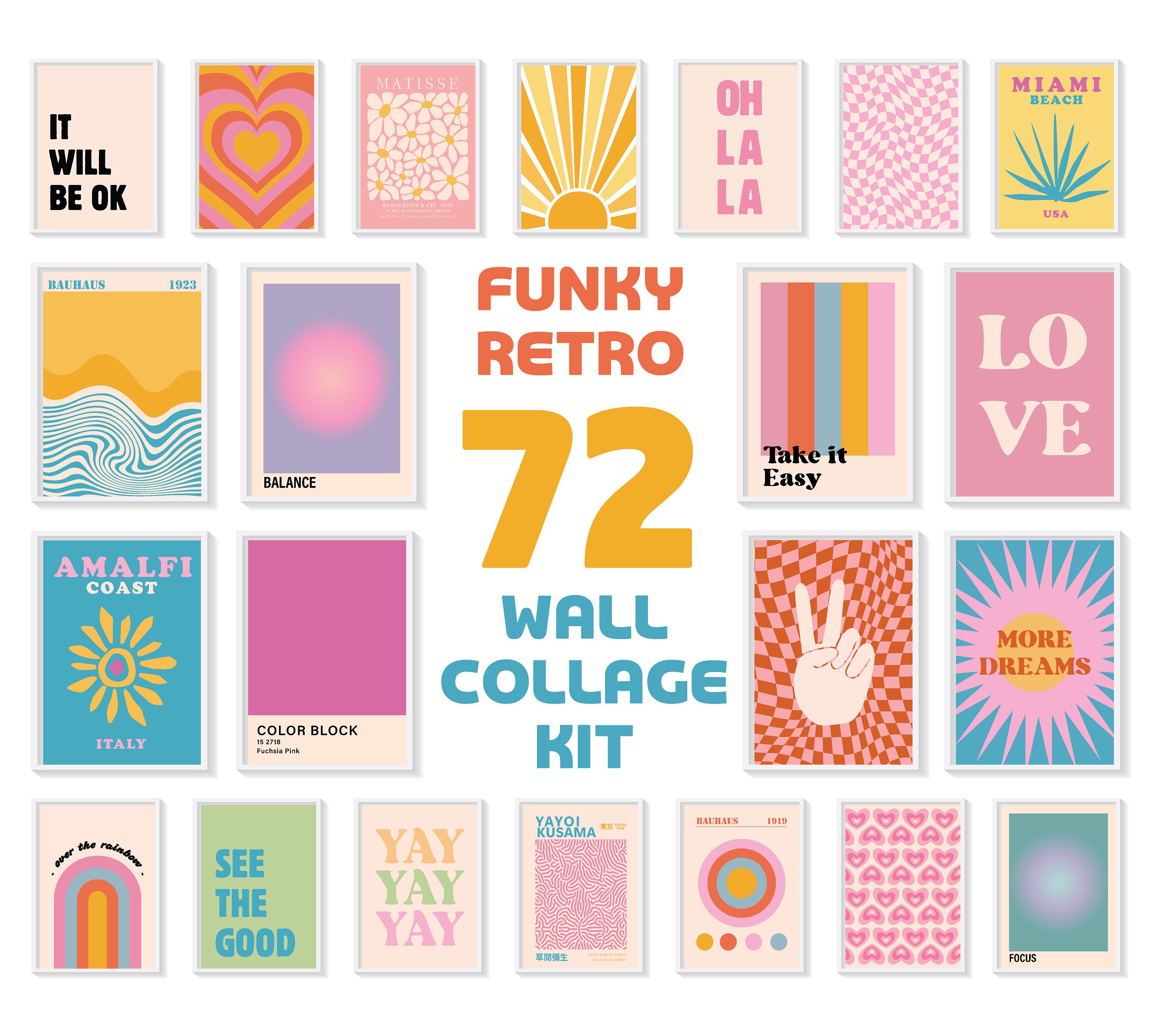 Funky Retro Wall Collage Kit, Groovy Preppy Room Decor, 60s 70s ...
