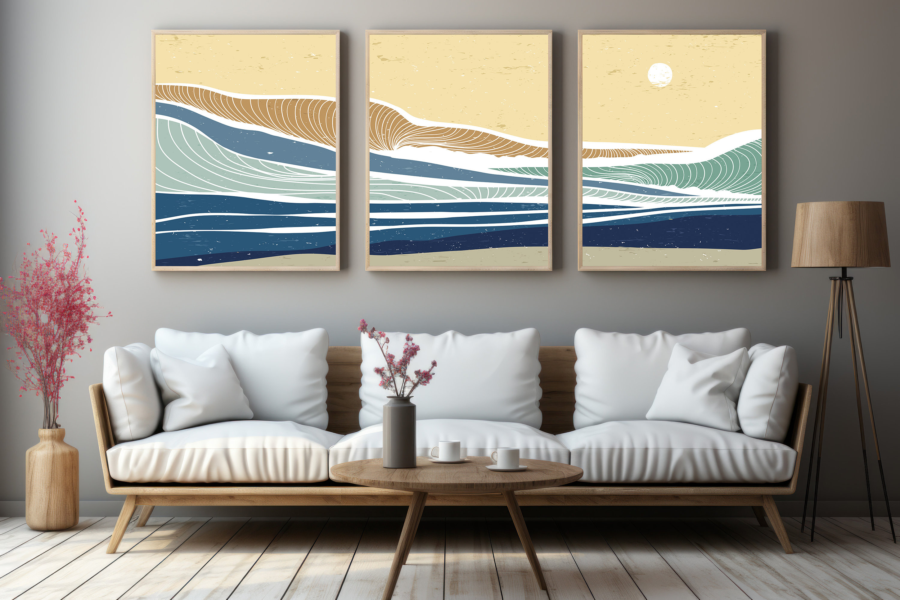 Ocean Wave Abstract Line Art Set of 3, Earth Tones Wall Art, Watercolor ...