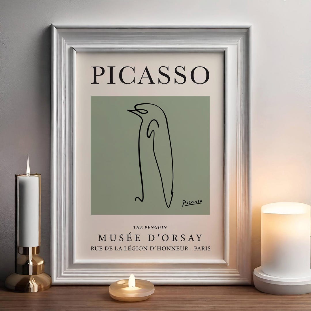 Picasso Penguin One Line Art, Minimalist Animal Sketch in Sage Green ...
