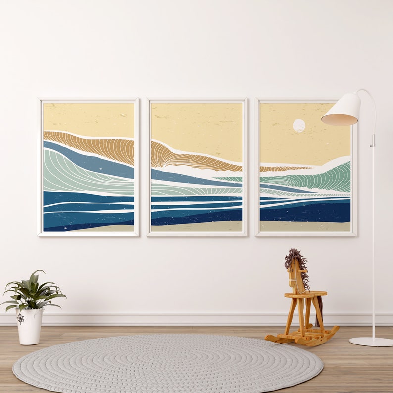 Ocean Wave Abstract Line Art Set of 3, Earth Tones Wall Art, Watercolor ...