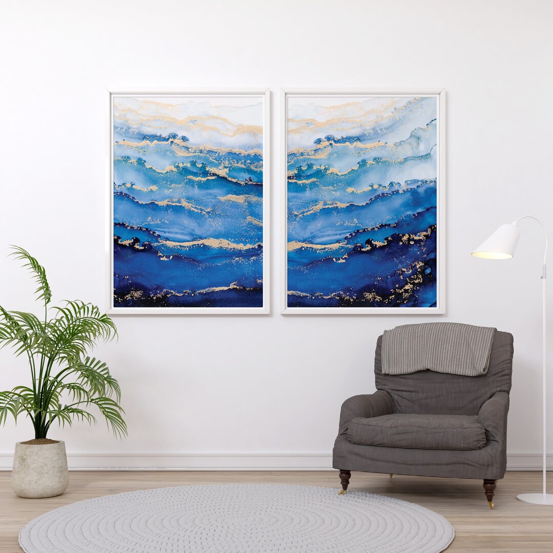 Blue Ink Abstract Art Print Set of 2, Exquisite Original Painting ...