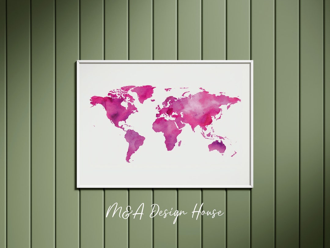 Pink World Map Wall Art, Modern Map Print, Pink Map Poster, World Map ...