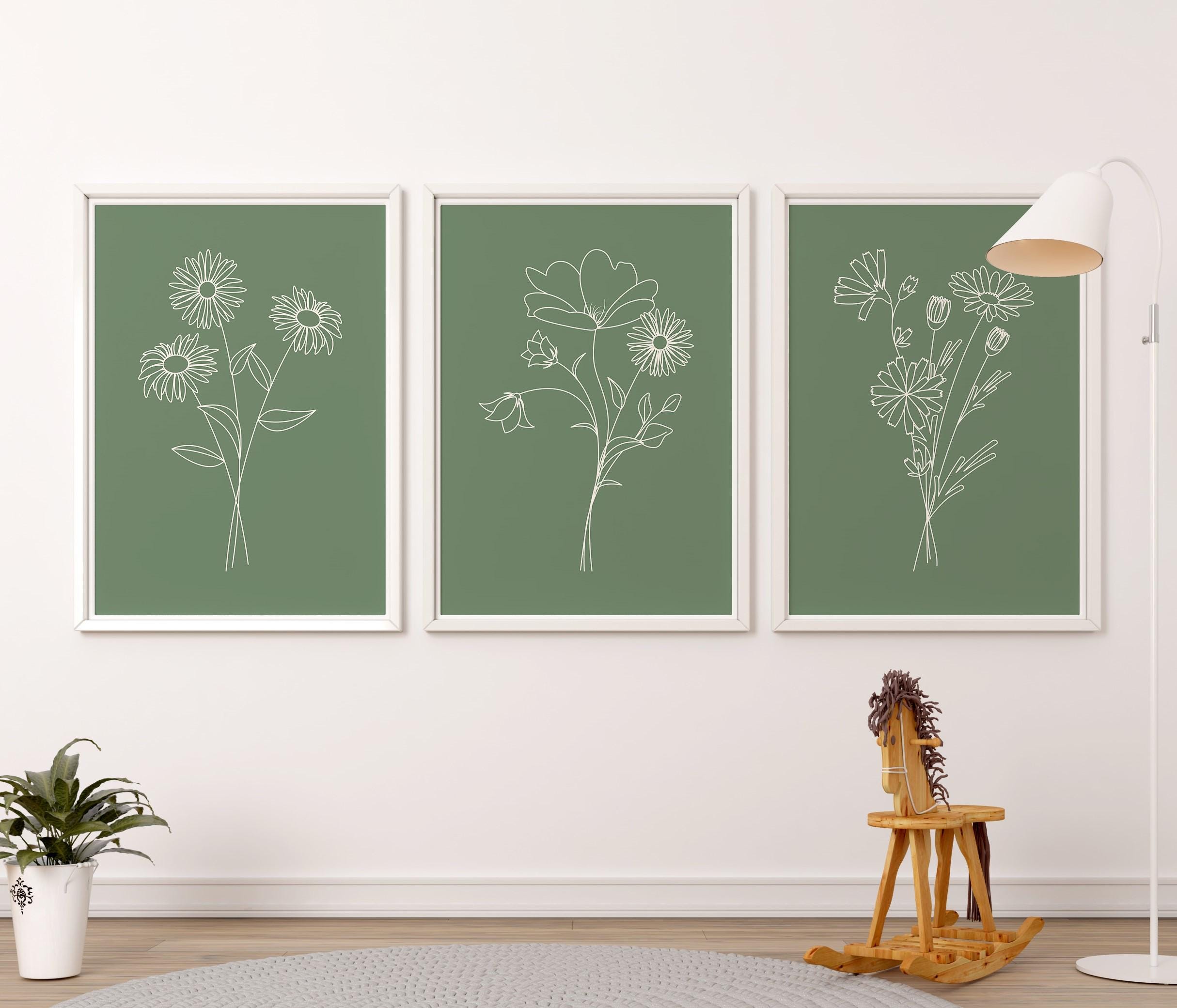 Sage Green Line Flower Art, Daisy Line Art, Flower Line Drawing ...