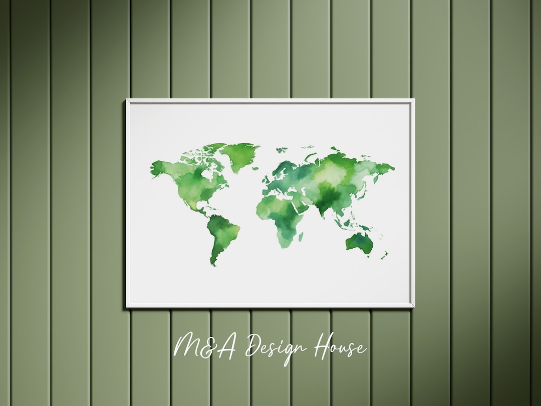 Green World Map Wall Art, Modern Map Print, Green Map Poster, World Map ...