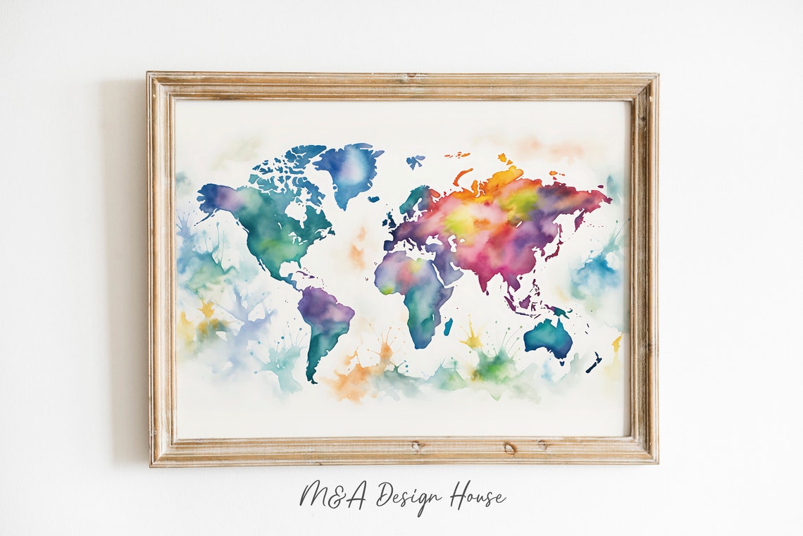 Colorful World Map Wall Art, Modern Map Print, Map Poster, World Map ...