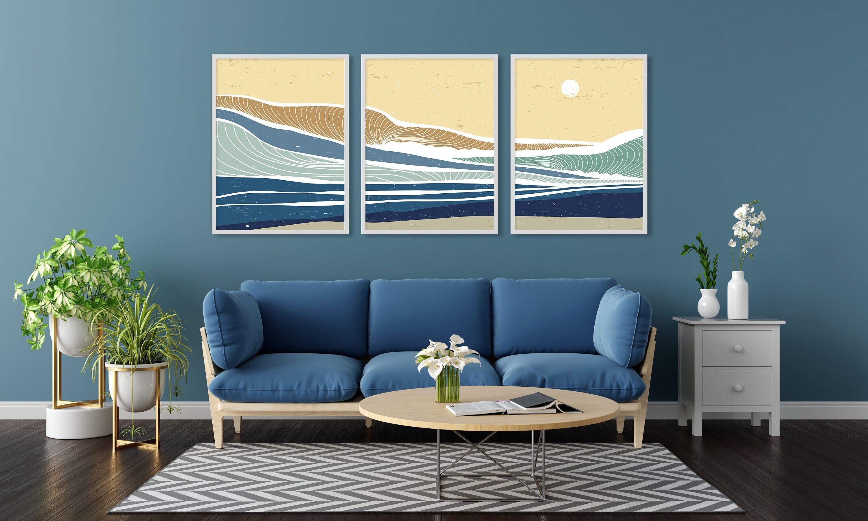 Ocean Wave Abstract Line Art Set of 3, Earth Tones Wall Art, Watercolor ...