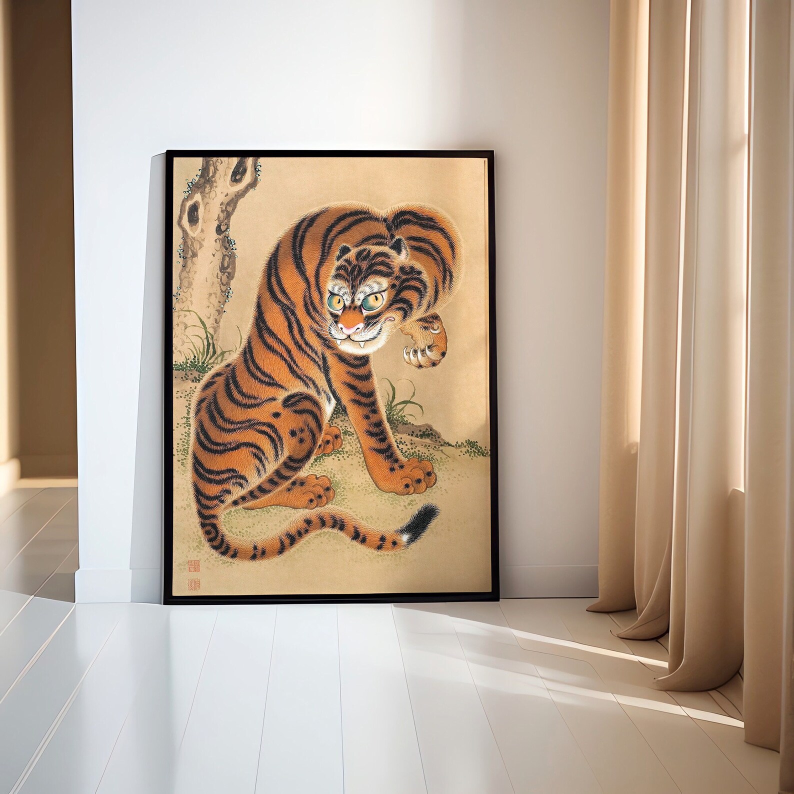 Vintage Japanese Tiger Print, Tiger Cleaning Its Paw by Matsui Keichū ...