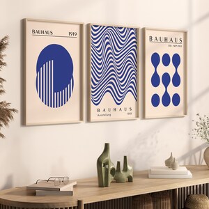 Blue Bauhaus Set of 3 Poster Print, Minimalist Retro Wall Art, Blue ...