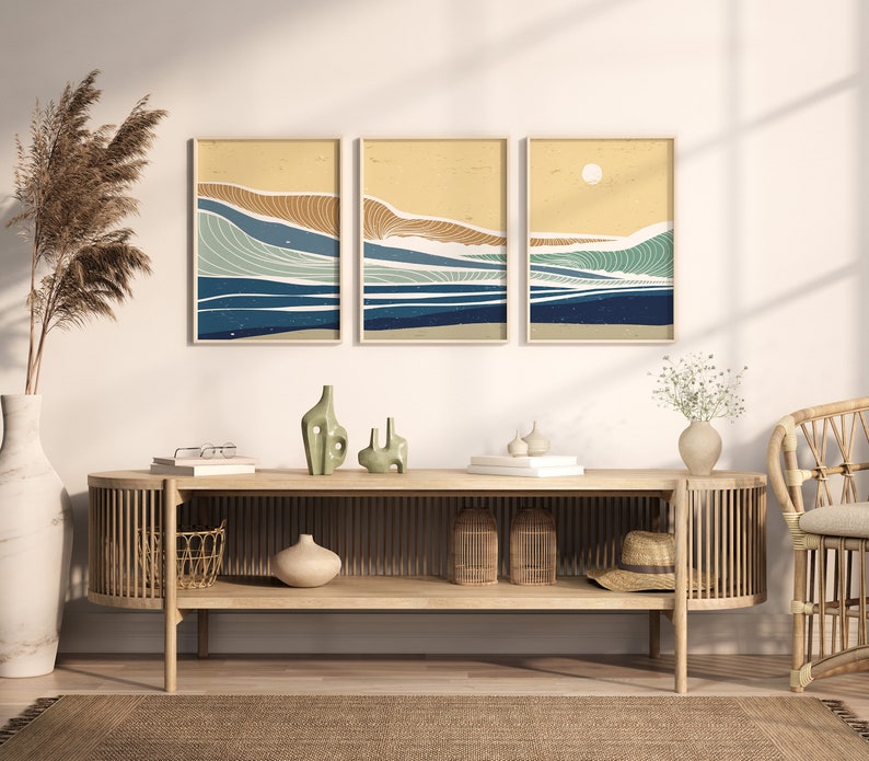 Ocean Wave Abstract Line Art Set of 3, Earth Tones Wall Art, Watercolor ...