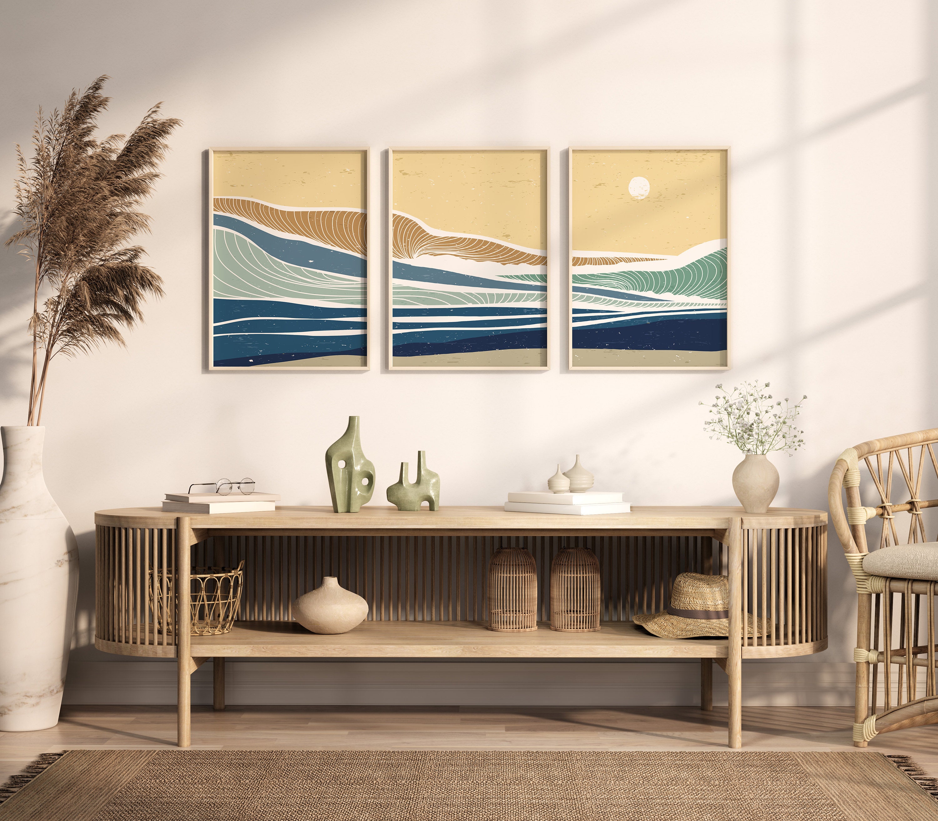 Ocean Wave Abstract Line Art Set of 3, Earth Tones Wall Art, Watercolor ...