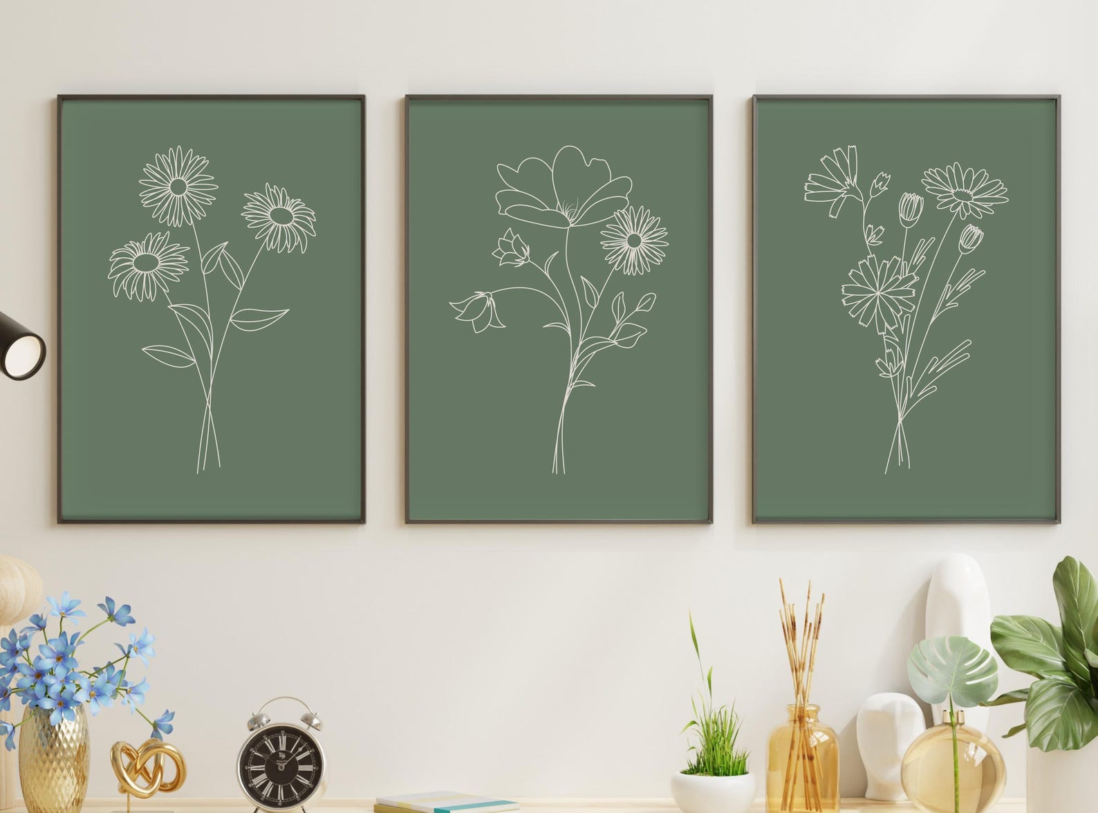 Sage Green Line Flower Art, Daisy Line Art, Flower Line Drawing ...