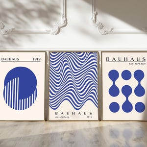 Blue Bauhaus Set of 3 Poster Print, Minimalist Retro Wall Art, Blue ...