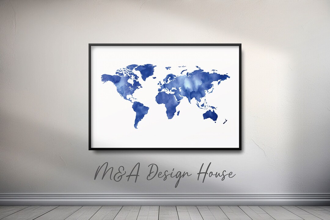 Blue World Map Wall Art, Modern Map Print, Blue Map Poster, World Map ...