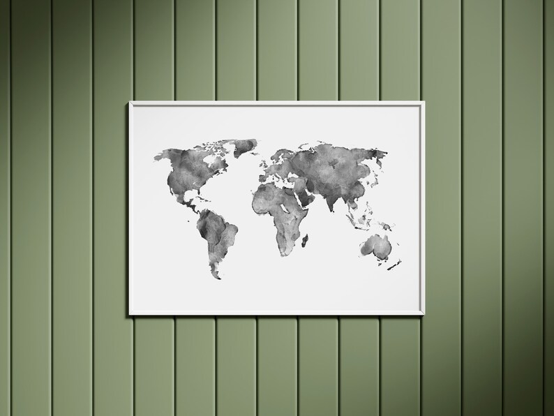 Grey and White World Map Printable, Modern Map Print, Map Poster, World ...