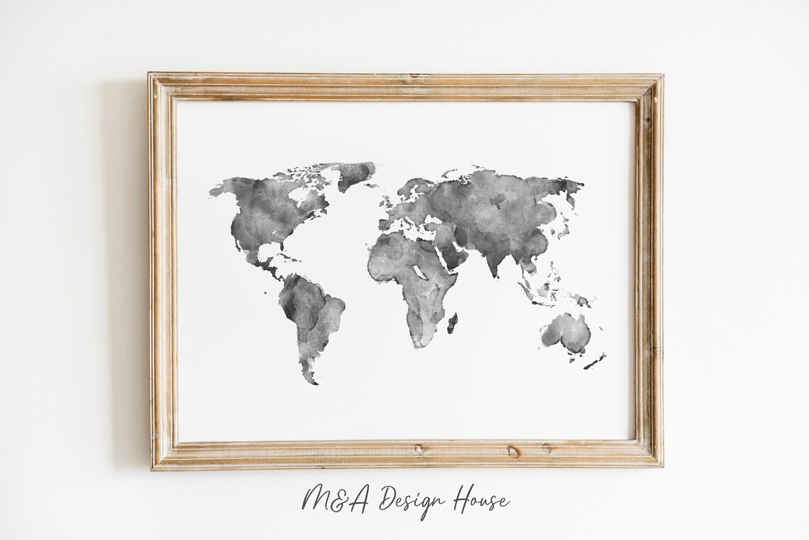 Grey and White World Map Printable, Modern Map Print, Map Poster, World ...
