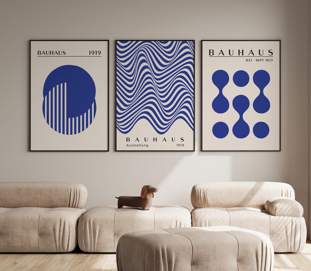 Blue Bauhaus Set of 3 Poster Print, Minimalist Retro Wall Art, Blue ...