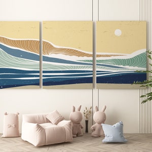 Ocean Wave Abstract Line Art Set of 3, Earth Tones Wall Art, Watercolor Ocean Art, Landscape ...