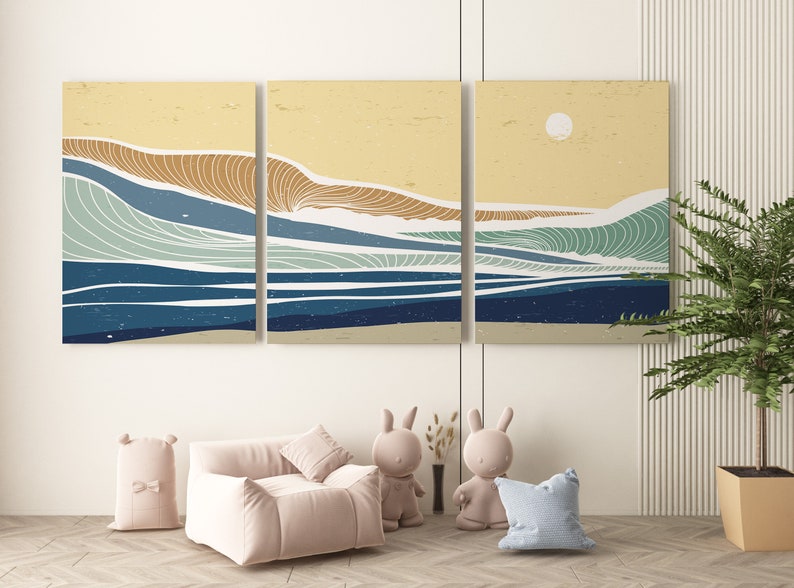 Ocean Wave Abstract Line Art Set of 3, Earth Tones Wall Art, Watercolor Ocean Art, Landscape ...