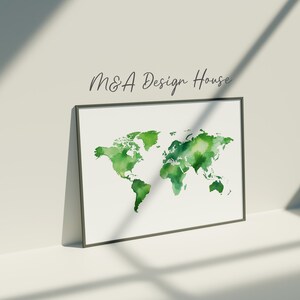 Green World Map Wall Art, Modern Map Print, Green Map Poster, World Map ...