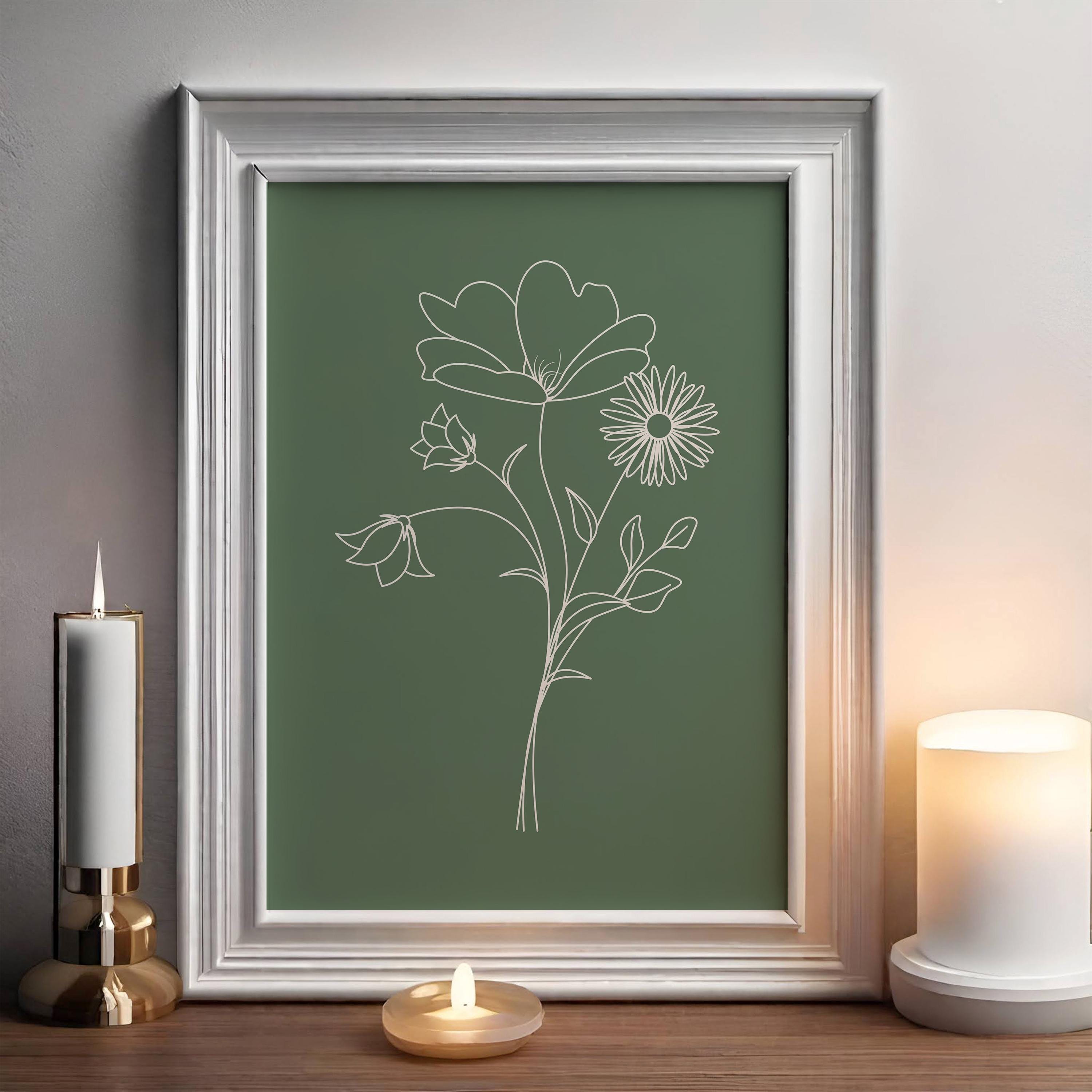 Sage Green Line Flower Art, Daisy Line Art, Flower Line Drawing ...