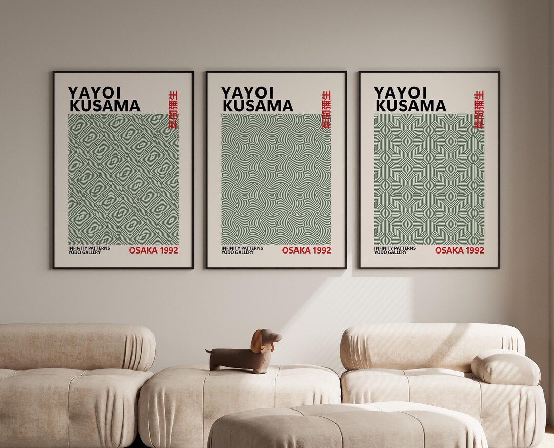 Yayoi Kusama Infinity Patterns Set of 3, Sage Green Wall Art, Kusama ...