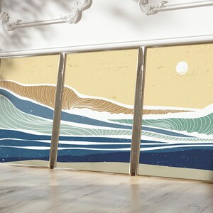 Ocean Wave Abstract Line Art Set of 3, Earth Tones Wall Art, Watercolor ...
