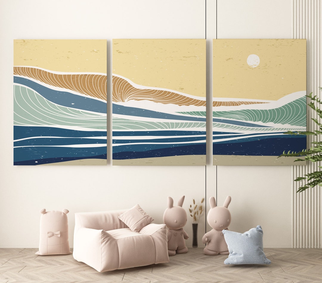 Ocean Wave Abstract Line Art Set of 3, Earth Tones Wall Art, Watercolor ...