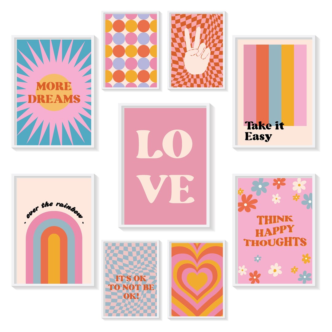 Funky Retro Wall Art Set of 9 Prints, 60s 70s Pink Aesthetic Gallery ...