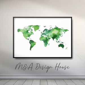 Green World Map Wall Art, Modern Map Print, Green Map Poster, World Map ...