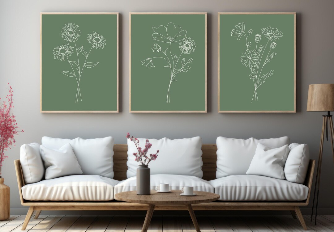 Sage Green Line Flower Art, Daisy Line Art, Flower Line Drawing ...