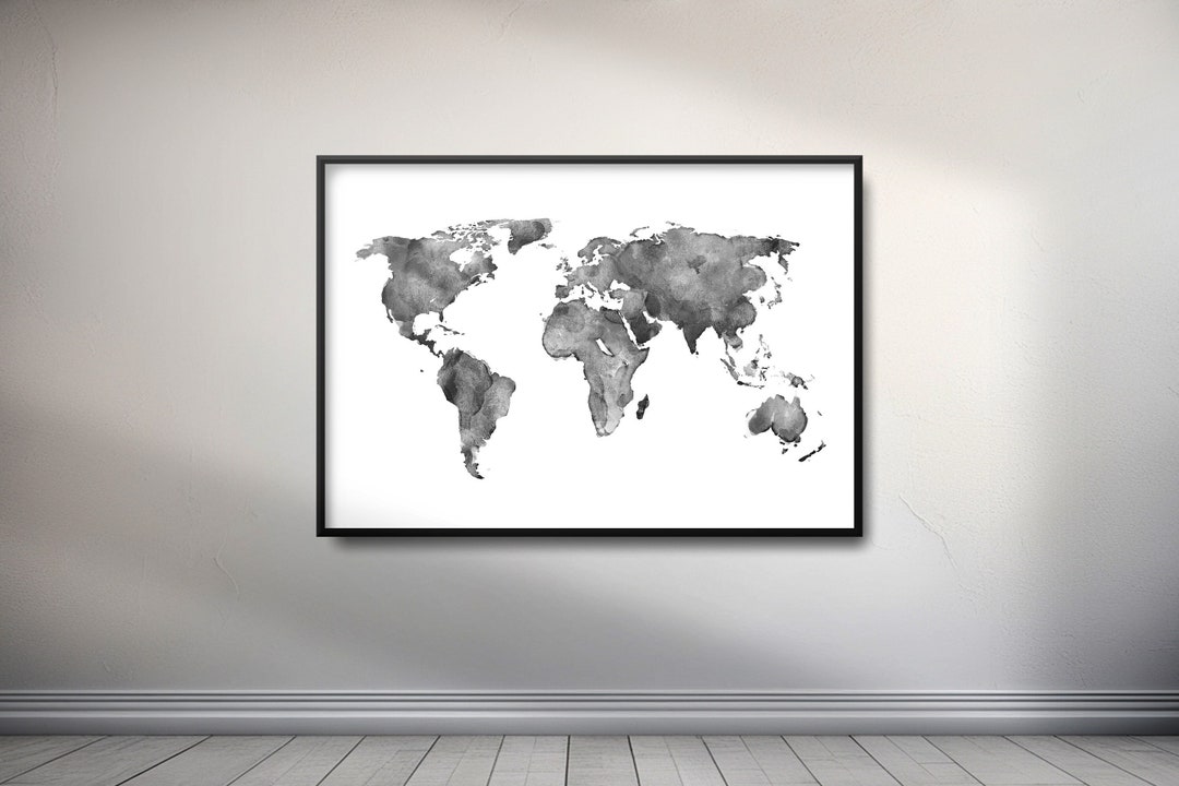 Grey and White World Map Printable, Modern Map Print, Map Poster, World ...