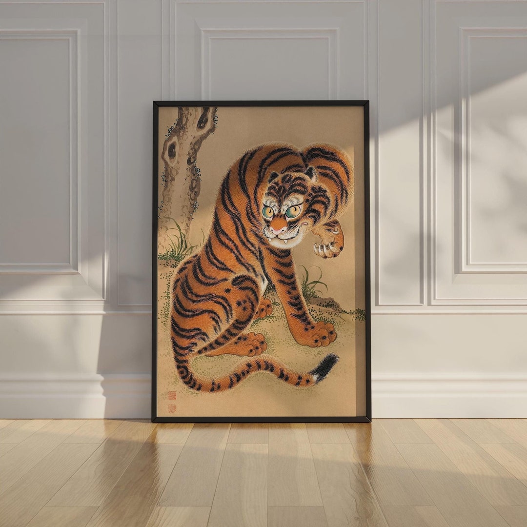 Vintage Japanese Tiger Print, Tiger Cleaning Its Paw by Matsui Keichū ...