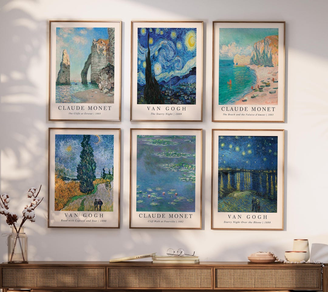 Blue Vintage Wall Art Set of 6 Prints, Monet Wall Art, Van Gogh Print ...