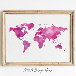 Pink World Map Wall Art, Modern Map Print, Pink Map Poster, World Map ...