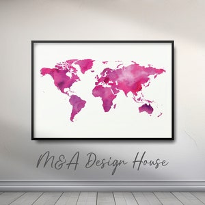 Pink World Map Wall Art, Modern Map Print, Pink Map Poster, World Map ...
