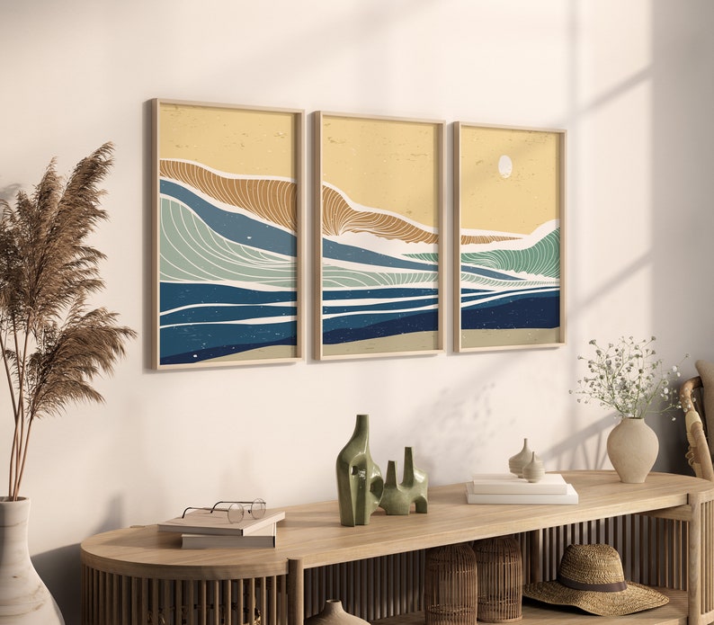 Ocean Wave Abstract Line Art Set of 3, Earth Tones Wall Art, Watercolor Ocean Art, Landscape ...