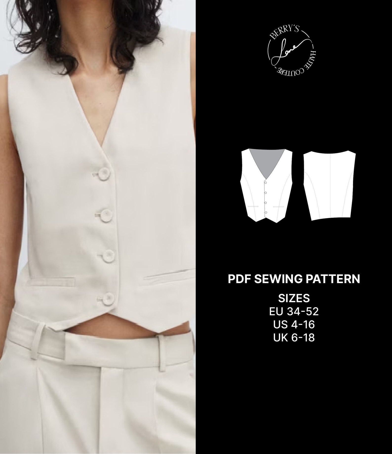 Waistcoat PDF Sewing Pattern-instant Download A4-eu 34-52/us 4-22/ Uk 6 ...